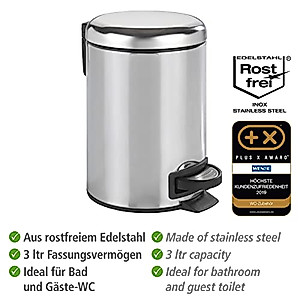 WENKO Basket, Small Trash Can with Lid and Pedal, Garbage Bin for Bathroom with Removable Inner Bucket, Stainless Steel, 0.79 Gal, 9.84 x 8.86 x 6.69 in, 17 x 22.5 x 25 cm, Gray Shiny