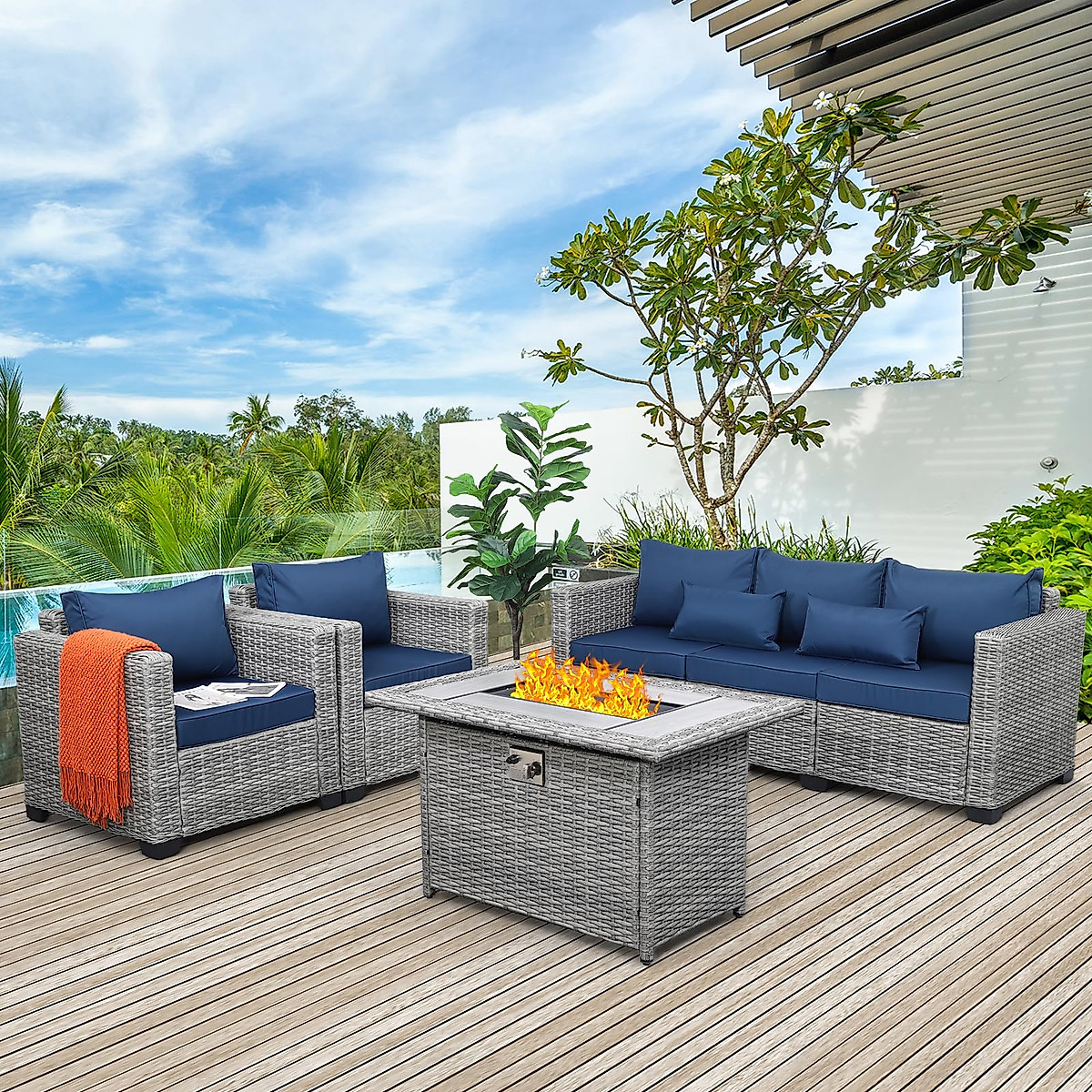 Rattaner 4 Pcs Outdoor Furniture Sets Patio Furniture Set Patio Couch Outdoor Chairs 42-in Wicker Fire Pit Table with Anti-Slip Cushions and Waterproof Covers, Navy Blue