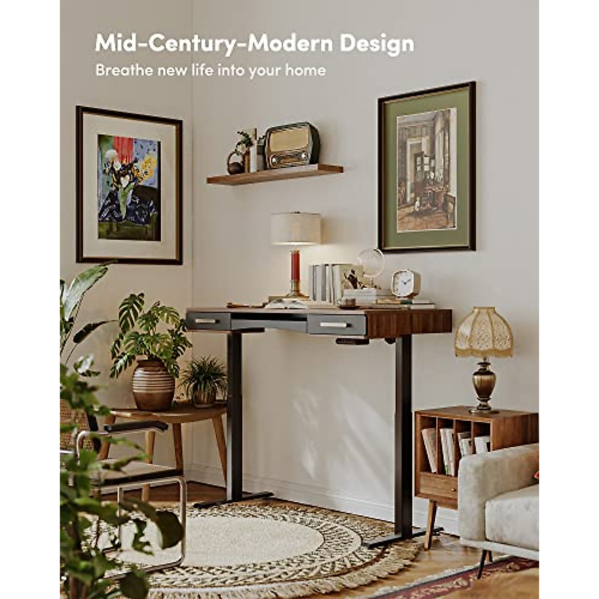 BANTI 48" x 26" Electric Standing Desk, Mid-Century Modern Desk with 3 Drawers, Stand Up Home Office Desks, Vintage Top