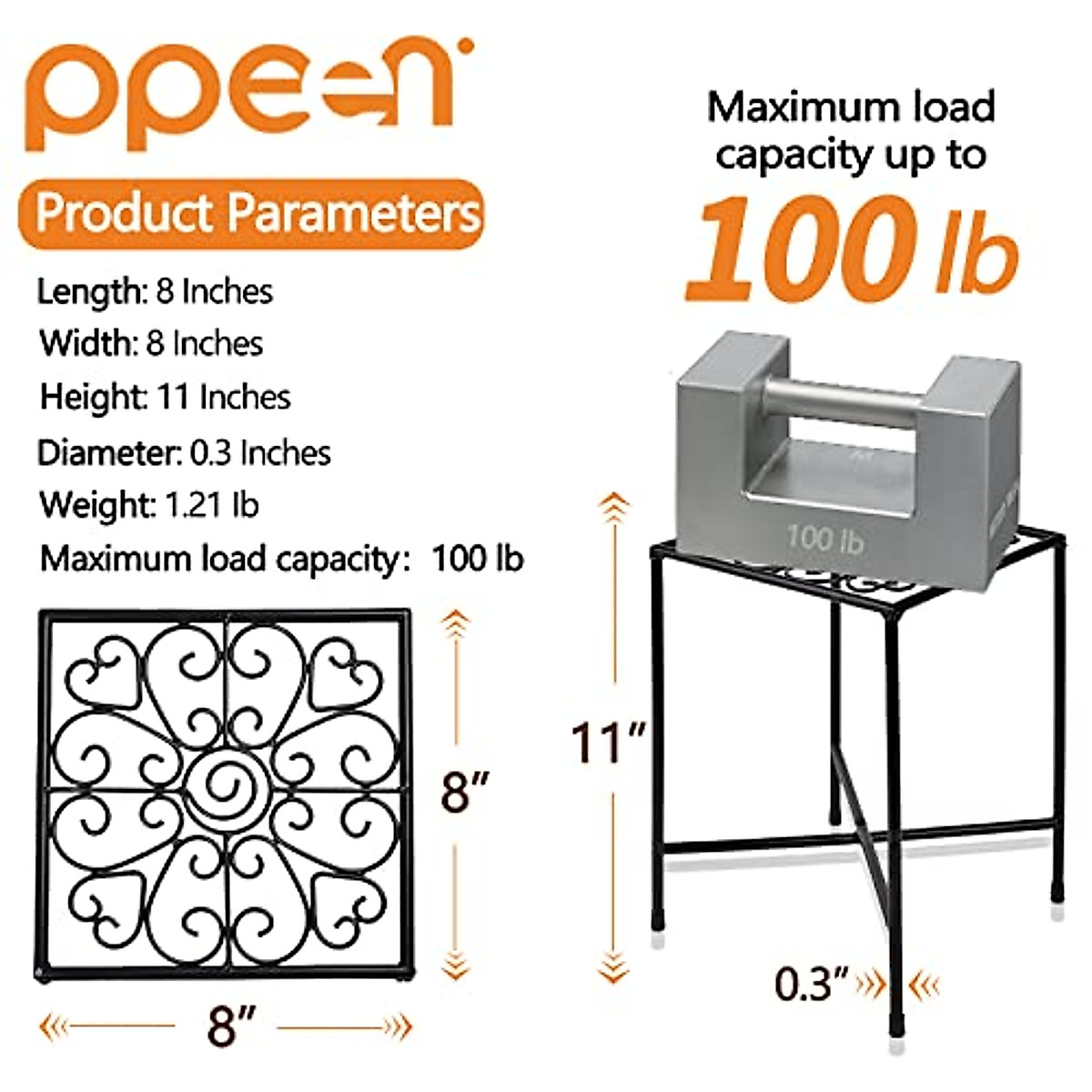 PPeen Plant Stand Indoor Outdoor for Flower Pot Heavy Duty Potted Holder Rustproof Waterproof Garden Container Supports Square Display Iron Rack for Planter, 2 Pack, Black