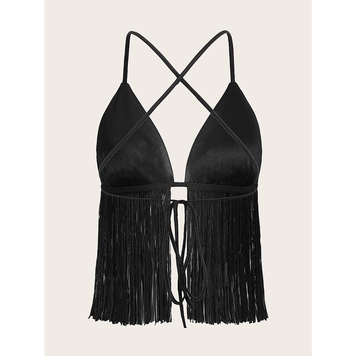 Verdusa Women's Crisscross Tie Backless Fringe Hem Sleeveless Satin Crop Cami Top Black S