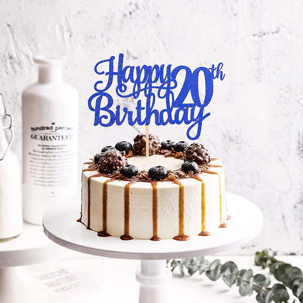 1 PCS Happy 20th Birthday Cake Topper Glitter Cheers to 20 Years Birthday Cake Pick Twenty 20 Fabulous Cake Decoration for Happy 20th Birthday Theme Party Decorations Supplies Blue