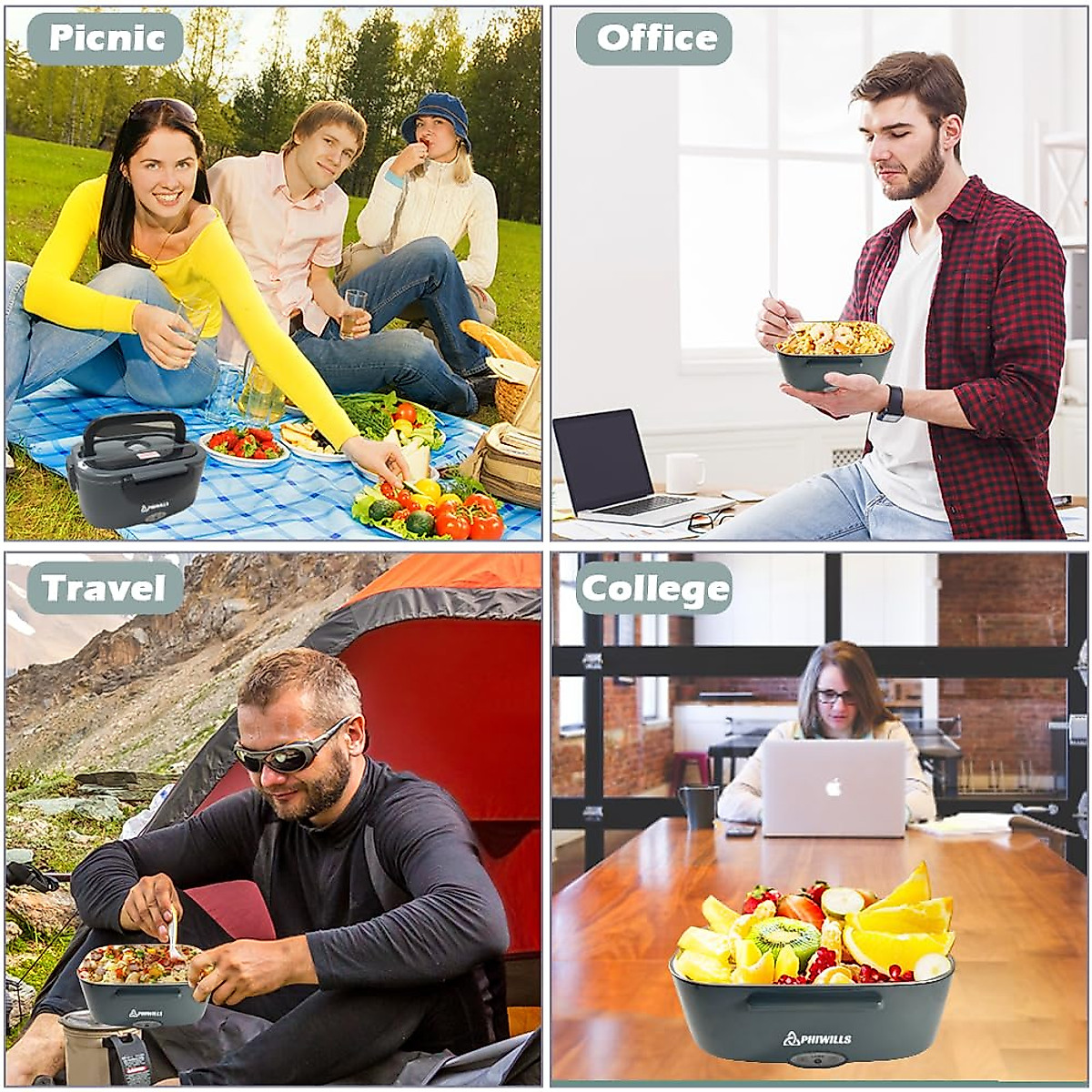 PHIWILLS 80W Electric Lunch Box 1.5L Container Food Warmer Heater, 12V/24V/110V Heated Lunchbox for Car/Truck/Work with 0.45L Compartment, Stainless Steel Spoon & Fork, Insulated Bag