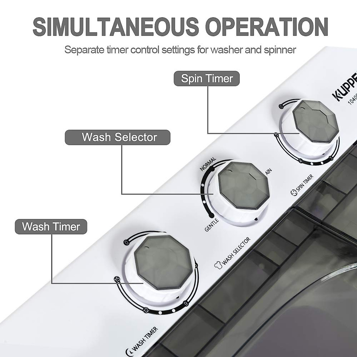 KUPPET Compact Twin Tub Portable Mini Washing Machine 26lbs Capacity, Washer(18lbs)&Spiner(8lbs)/Built-in Drain Pump/Semi-Automatic (White&Gray)