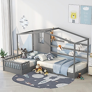 L Shaped Bed Frame with Roof, Twin Corner Bed House Bed for Kids, Solid Wood Twin Platform Bed Frame for 2 People (Twin Size, Gray)