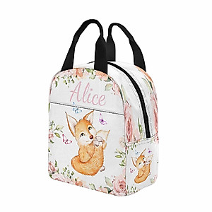 InterestPrint Custom Text Lunch Bag Cute Fox And Rabbit Personalized Name Lunchbox Tote Bag Gift for Daughter Niece Granddaughter Birthday