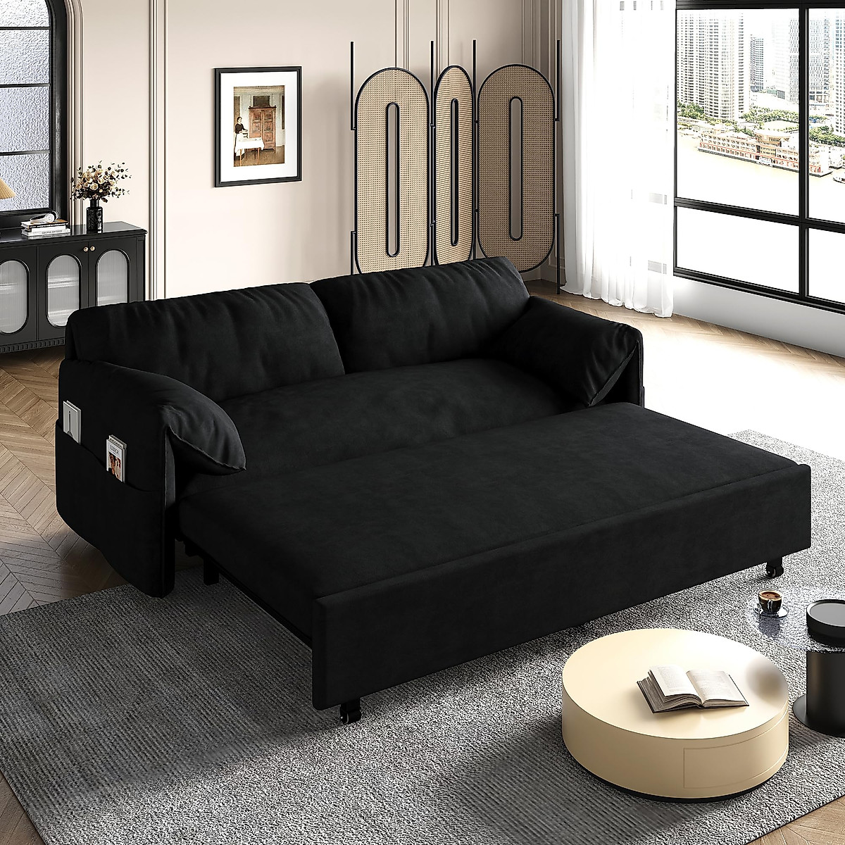 GNIXUU 63.8" Queen Pull Out Sofa Bed, Velvet Convertible Sleeper Sofa Couch with Side Storage, Comfy Loveseat Bed Pull Out Couch for Living Room, Apartment, Small Space(Black)