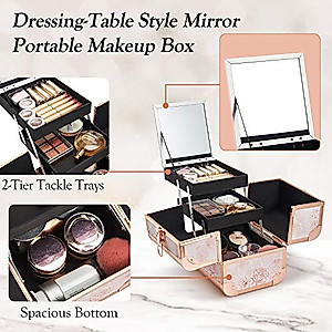 Costravio Makeup Box Cosmetic Train Case with Mirror Travel Organizer Cosmetic Jewelry Storage Box with 2-Tier Tackle Trays Portable Lockable Makeup Organizer Box - Marble Rose Gold Style
