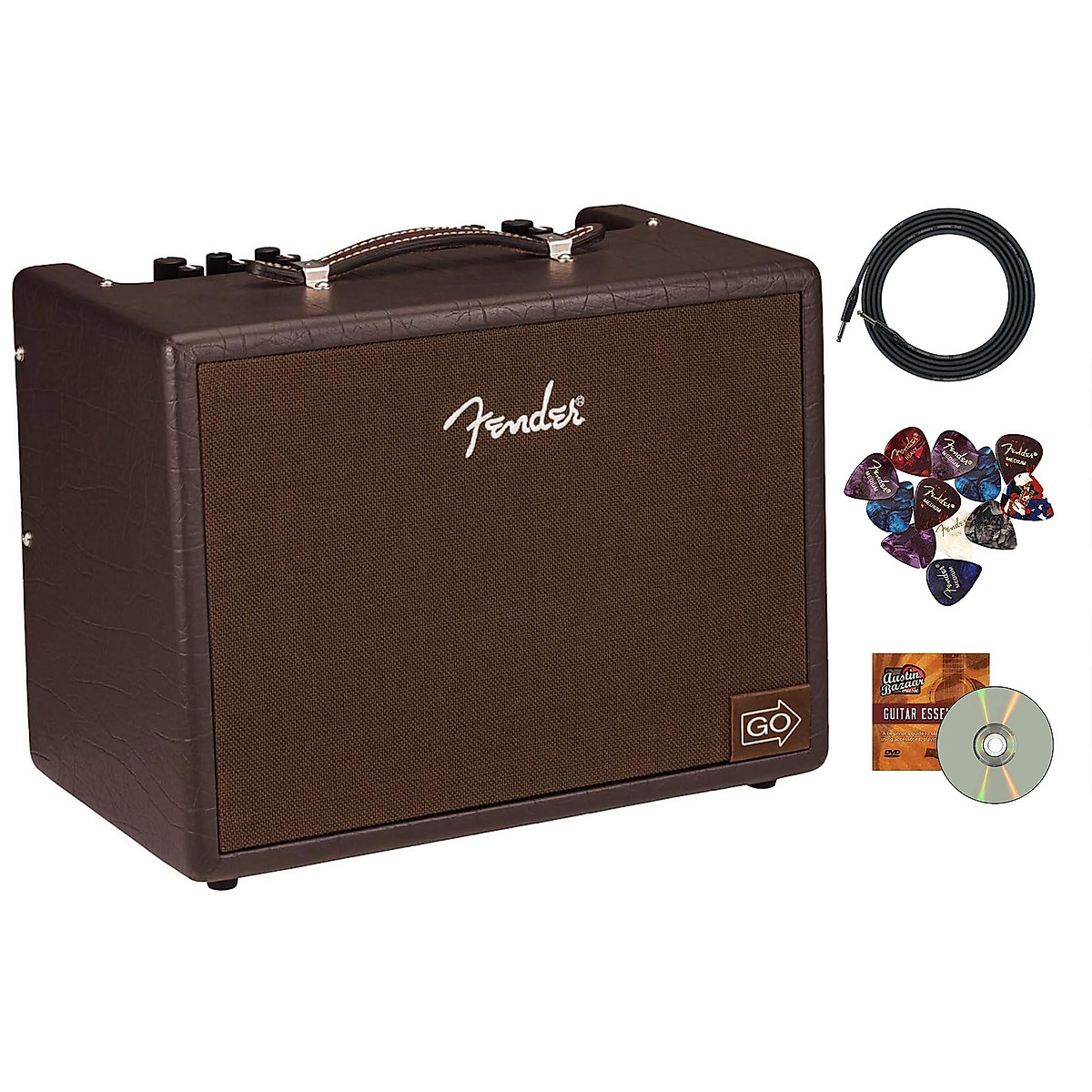 Fender Acoustic Junior Go Guitar Combo Amplifier Bundle with Cable, Austin Bazaar Exclusive 12-Pack Picks, and Instructional DVD