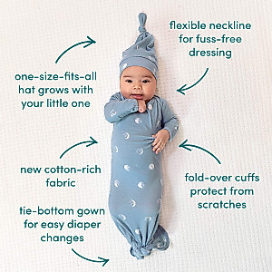 aden + anais Comfort Knit Knotted Newborn Baby Gown and Hat, Super Soft Cotton with Spandex, Infant Gown with Fold Over Mitten Cuffs, 2 Piece Set, 0-3 Months, Blue Moon