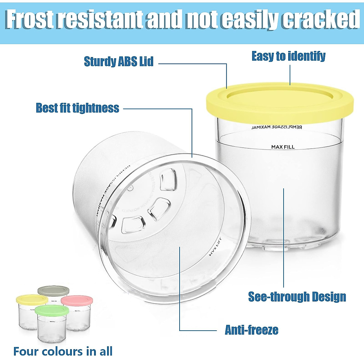4pcs Ice Cream Pint Containers Replacement for Ninja Creami Pints and Lids, Compatible with NC301 NC300 NC299AMZ Series Ice Cream Maker, Dishwasher Safe & BPA-Free Leak Proof Ice Cream Container Box