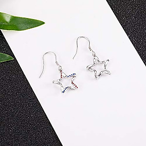 USA Flag Dangle Earrings for Women: 925 Sterling Silver American Patriotic Red White and Blue Star Drop Earrings America Independence Day 4th of July Patriotic Jewelry Gifts (Star)