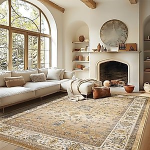 BEIMO 6x9 Area Rugs for Living Room Bedroom, Machine Washable Print Soft Floor Cover, Vintage Stain Resistant Aesthetic Apricot Carpet, Medium Pile Mat with Non Slip Rubber Backing