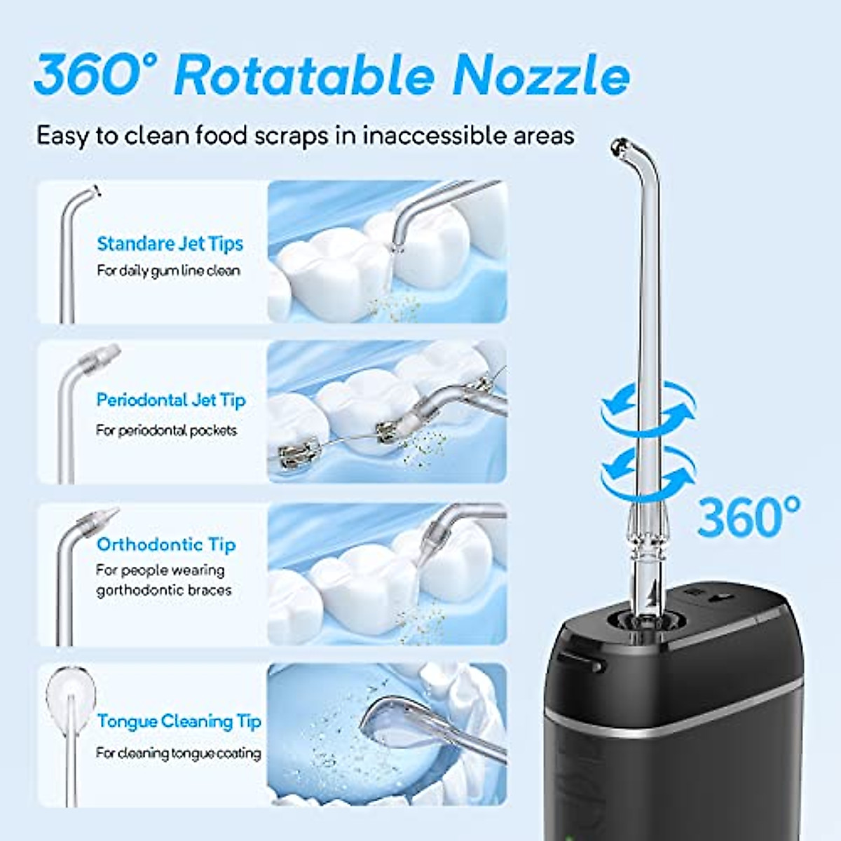 Water Flosser for Teeth, Enpuly Mini Portable Rechargeable Dental Oral Flossing Irrigator for Braces with 5 Jet Tips, 3 Modes & IPX8 Waterproof, for Travel & Home (Black)