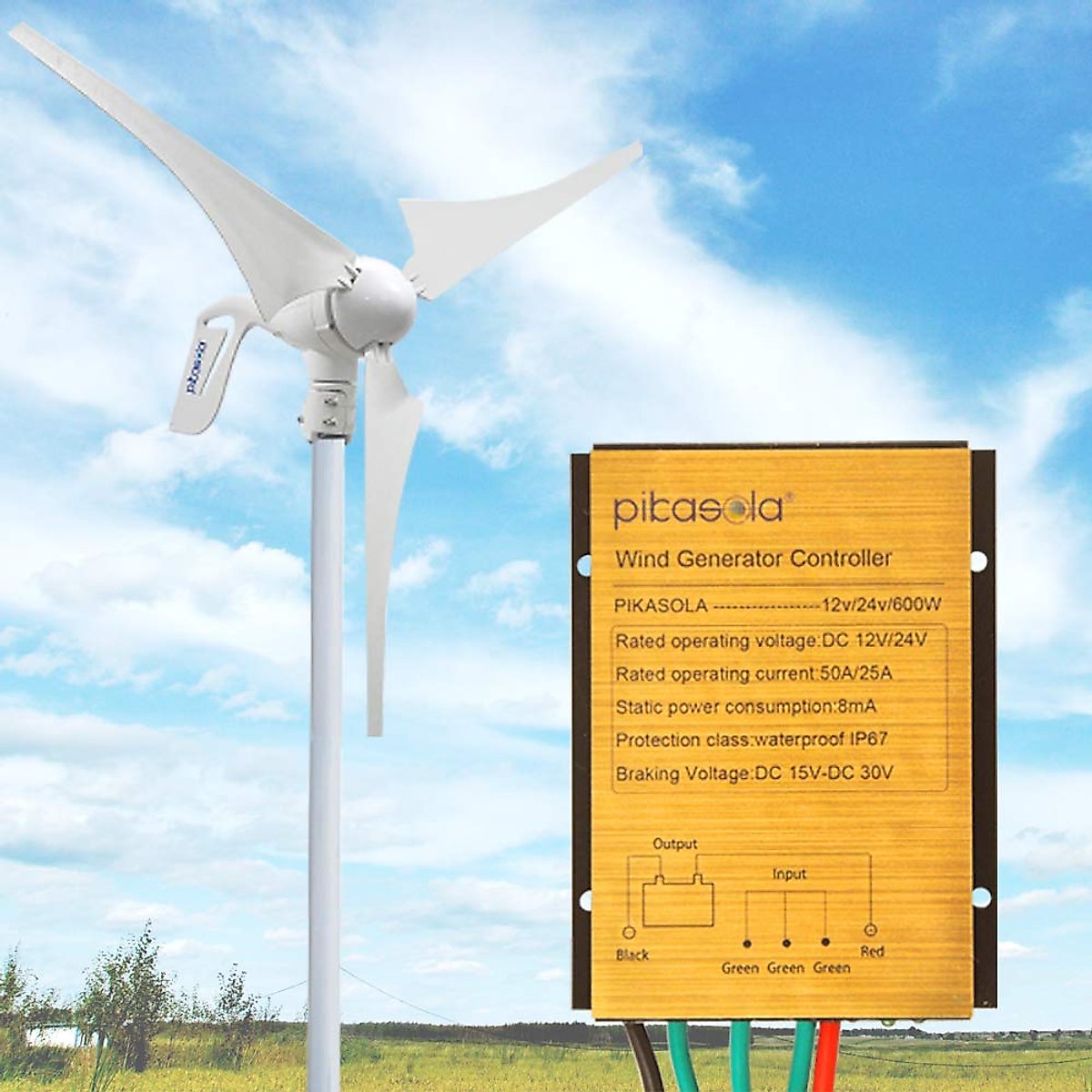 Pikasola Wind Turbine Charge Controller Mini Wind Turbine Generator Controller IP67 Waterproof 12V/24V Automatic Controller Suitable for 400Watt 500Watt 600Watt Wind Turbine System