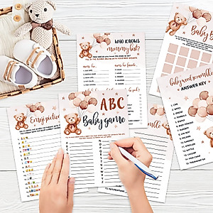 Sinasasspel 302pcs Teddy Bear Baby Shower Game Set of 6 Activities for 50 Guests Gender Neutral Includes Baby ABC, Bingo, Word Scramble, Baby Prediction and More, Each 5x7 Inches