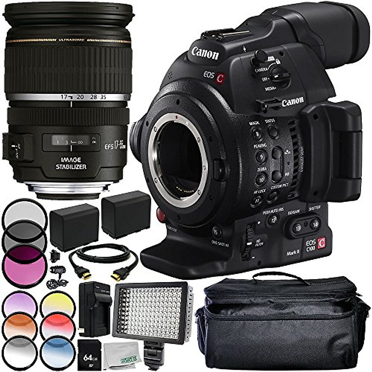 SSE Canon EOS C100 Mark II Cinema EOS Camera with EF-S 17-55mm f/2.8 is USM Lens 12PC Accessory Bundle – Includes 3PC Filter Kit (UV + CPL + FLD) + More - International Version (No Warranty)