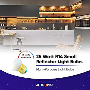 lumenivo 25 Watt R14 Small Reflector Light Bulbs - 120/130 Volt E26 Short Neck Base Replacement Frosted Incandescent Lava Lamp Flood Light Bulbs - 2500K China Cabinet Light Bulbs - 2 Pack