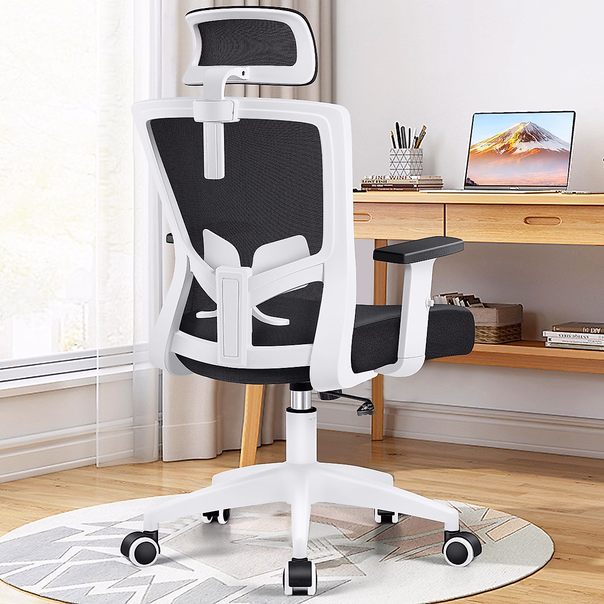 Brick Attic Office Chair Ergonomic Desk Chair High Back Computer Chair Swivel Mesh Task Chair with Adjustable Lumbar Support Armrests Headrest White