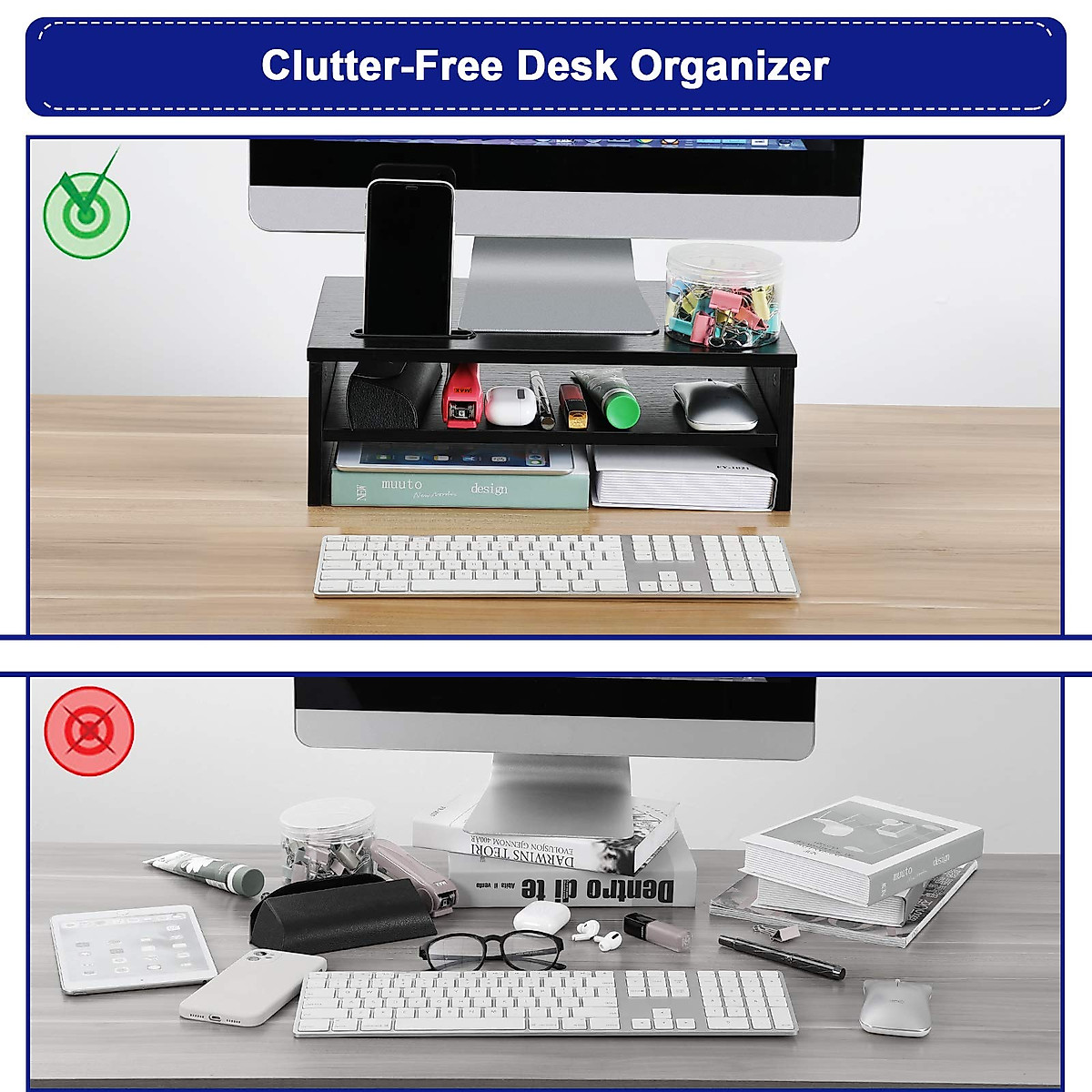 ERGO TAB Monitor Stand, Monitor Riser Wood 2 Tiers Desk Organizer Stand with Cellphone Holder, Laptop Printer Stand with Cable Management, for Computer, Notebook, Printer Holder, 16.5 inches, Black