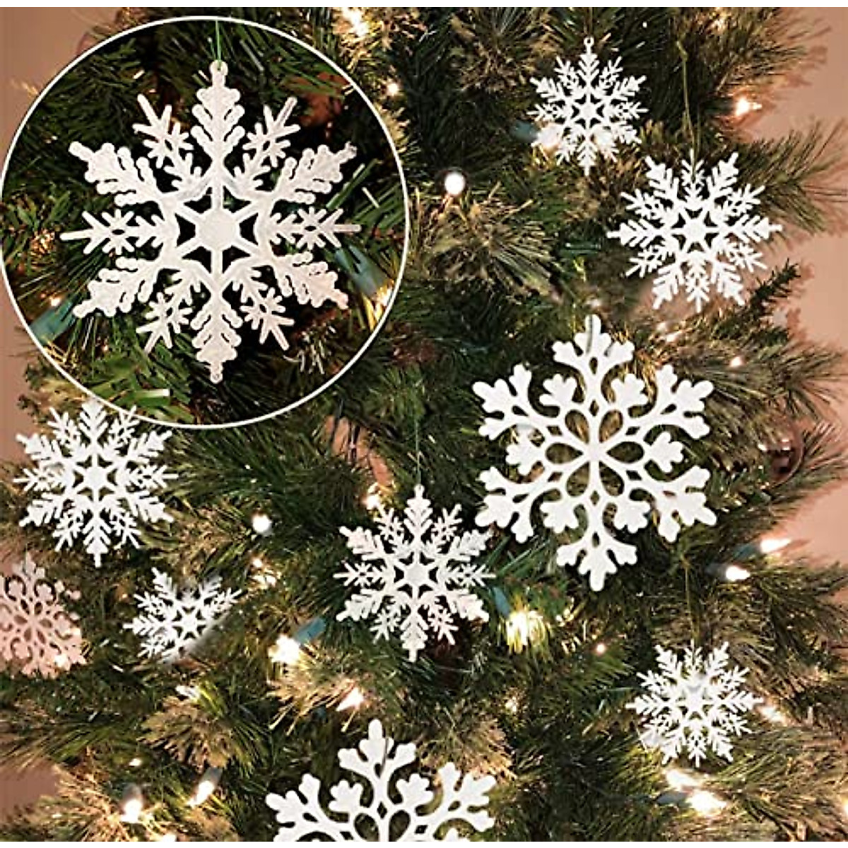 36pcs Christmas White Snowflake Ornaments Plastic Glitter Snow Flakes Ornaments for Winter Christmas Tree Decorations Size Varies Craft Snowflakes