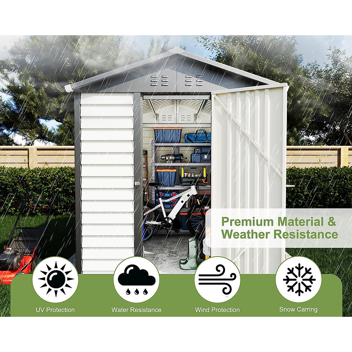VanAcc 6.5x9x7 FT Outdoor Storage Shed with Shutter Design, Metal Garden Shed with Lockable Doors and Vents, Tool Storage Shed for Backyard, Patio, Lawn, White & Charcoal Gray