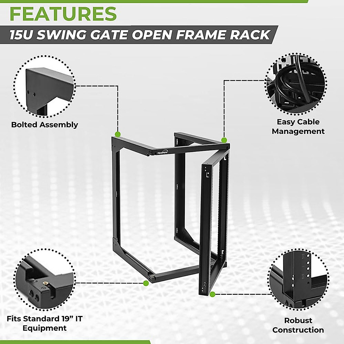NavePoint 15U Server Rack with Swing Gate - 15U Wall Mount Rack for 19 Inch IT Equipment Open Frame Rack – Network Rack Wall Mount for AV & Server Equipment 24” Deep 15U Rack, Black