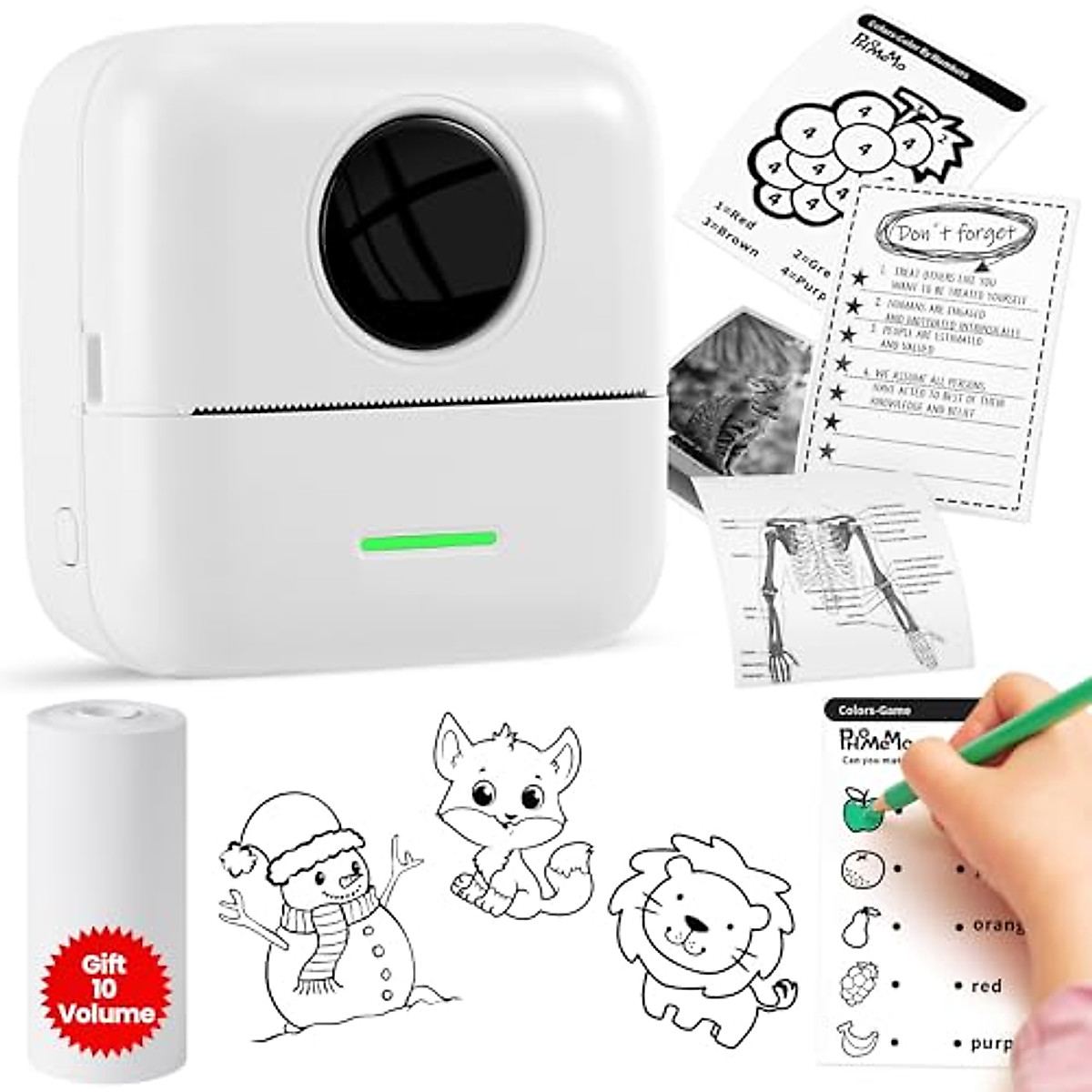 ZERNBER X5 Mini Printer Sticker Printer, Portable Inkless Black and White Thermal Bluetooth Sticker Printer for Pictures, Notes, Kids DIY Gifts (Free 10 Rolls of Printing Paper) White…