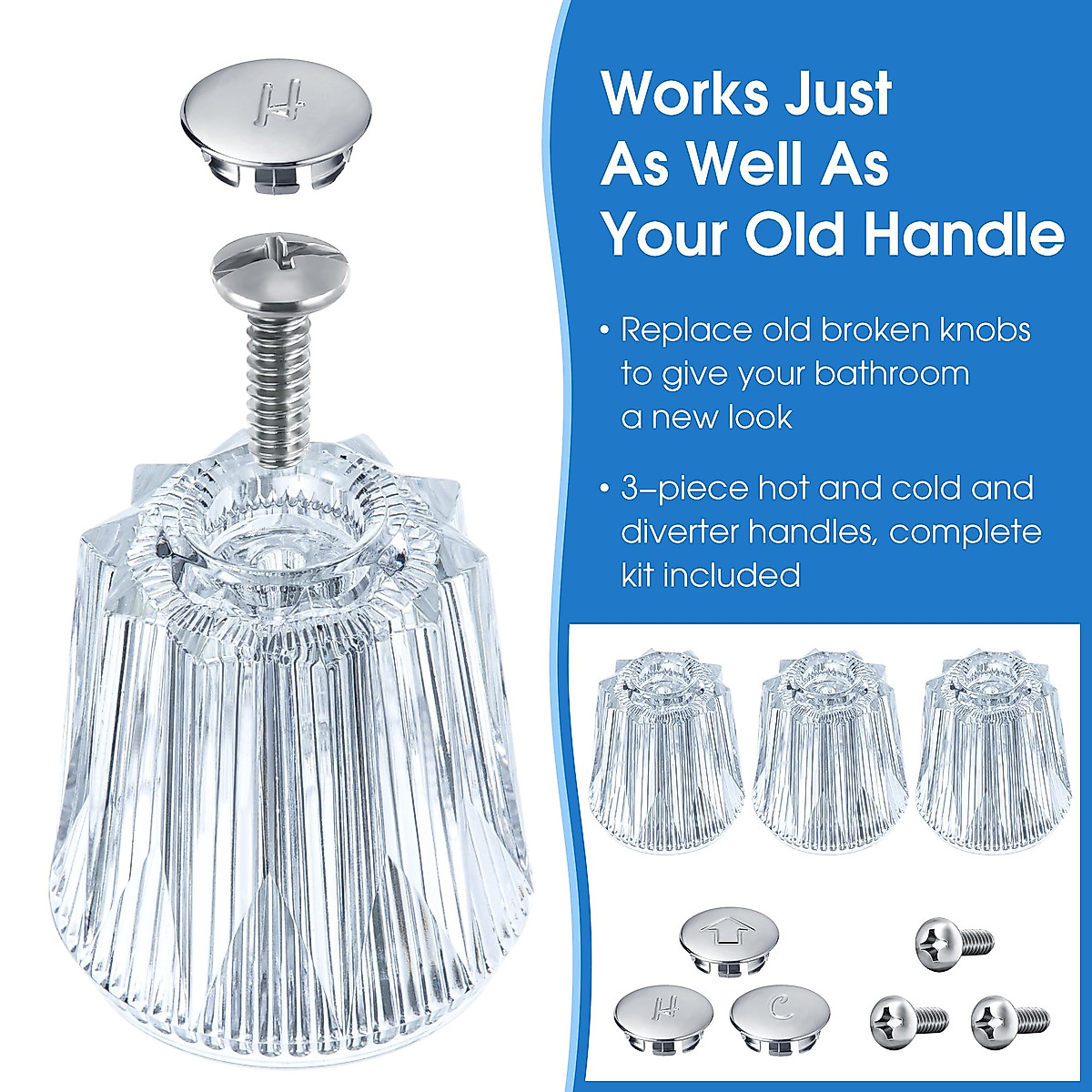 Enhon Shower Faucet Handle Replacement, Compatible with Price Pfister Windsor Tub and Shower Faucets, 3 Pieces Hot Cold and Diverter Shower Knob Replacement, Clear Acrylic