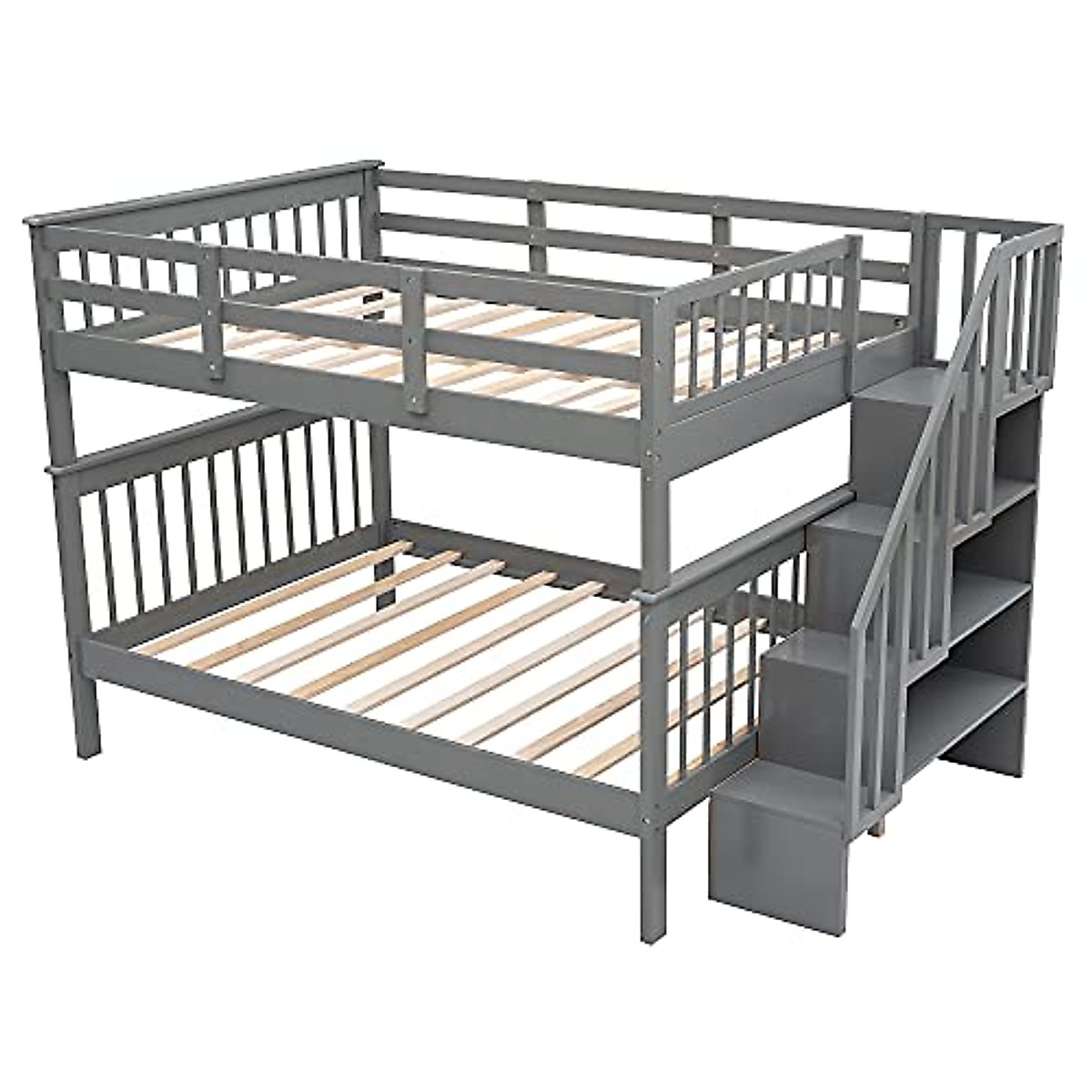 Merax Full-Over-Full Soild Wood Stairway Bunk Bed with Storage and Guard Rail for Bedroom, Dorm, Bunk Bed for Kids, Adults, Gray