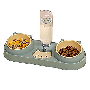 Foviza Double Dog Cat Bowls with Water Dispenser Pets Water and Food Bowl Set Tilted Cat Food Dishes with Automatic Waterer Bottle for Small or Medium Size Dogs Cats
