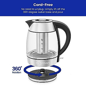 Chefman Glass Electric Kettle for Boiling Water, 1.8L 1500W, with Tea Infuser, Keep Warm Function, Auto Shut Off, Boil-Dry Protection, BPA Free, Hot Water Boiler, Electric Tea Kettle - Stainless Steel
