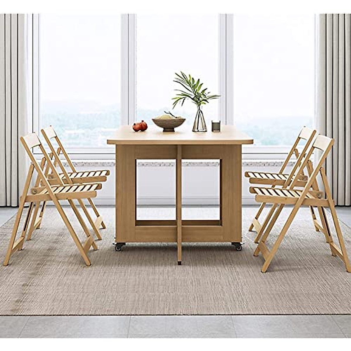 Juan Folding Dining Table Set, Wooden Extendable Dining Table with 4 Chairs, Drop Leaf Table for Kitchen Dining Room Living Room Restaurant-1.4m