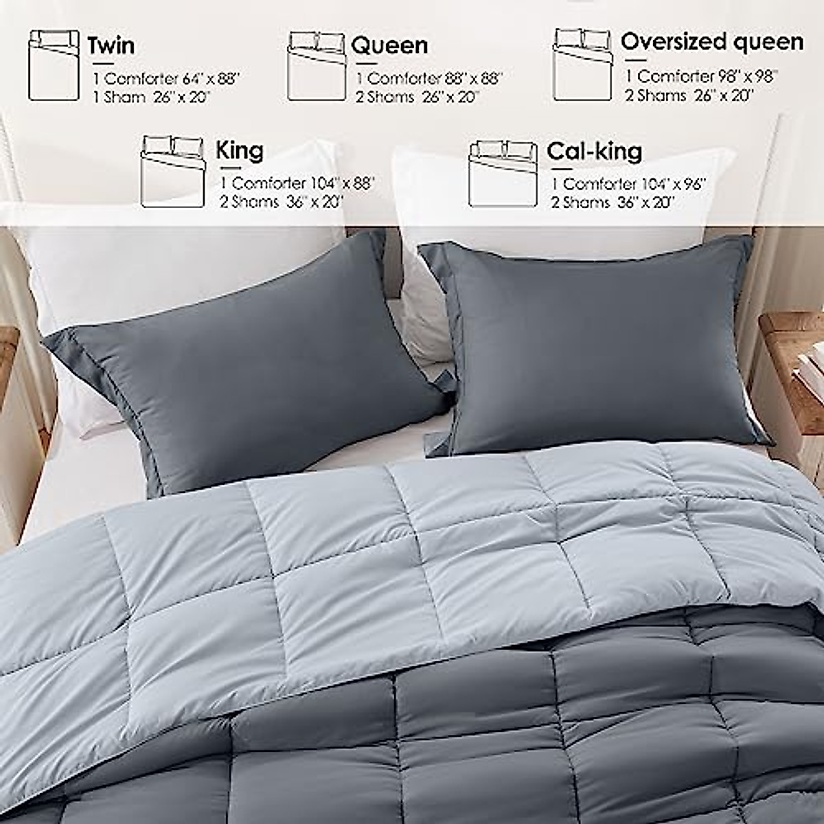 Homelike Moment Lightweight Comforter Set, Reversible All Season Down Alternative Bed Comforter Set Summer 3 Piece - 1 Comforter 2 Shams, Oversized Queen Dark Gray/Light Grey