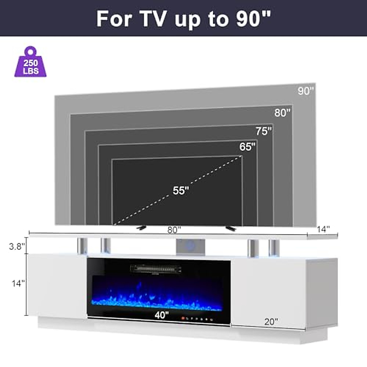 LUXOAK 80" Fireplace TV Stand, Modern High Gloss Finish Media Console with 40" Electric Fireplace, Open Storage Entertainment Center for TVs Up to 90" with LED Lights, White