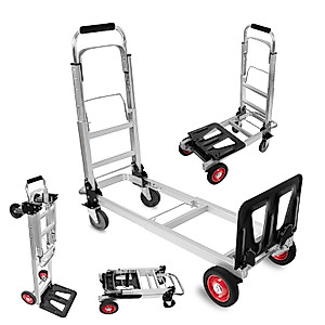 Fineera 3 in 1 Aluminum Hand Truck Dolly Convertible Heavy Duty 460lbs Capacity Folding Hand Truck with 6’’ Rubber Wheels and Telescoping Handles Multi-Position Dolly Platform Hand Cart