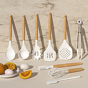 AIKKIL Silicone Cooking Kitchen Utensils Set, 16 Pcs Cooking Utensils Set with Holder, Heat Resistance, White Wooden Handle Silicone Kitchen Gadgets Utensil Set for Nonstick Cookware