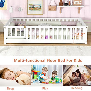 Bellemave Floor Bed for Kids,Twin Size Montessori Floor Bed with Door and Fence,Solid Wood Twin Bed Frame with Removable Slats for Girls Boys,Twin,White