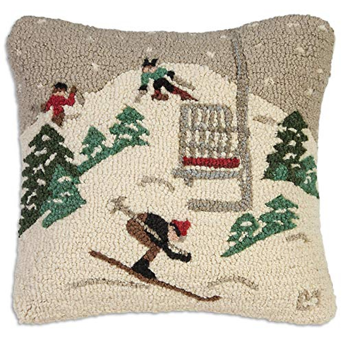 Chandler 4 Corners Artist-Designed Single Chair Ski Lift Hand-Hooked Wool Decorative Throw Pillow (18” x 18”)