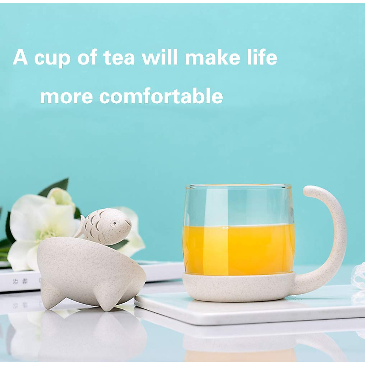 10 oz Cat Glass Cup Tea Mug with Infuser Set and Lid,Glass Teas Mug with Handle,Transparent Tea Cup with Fish Shaped Strainer Filter