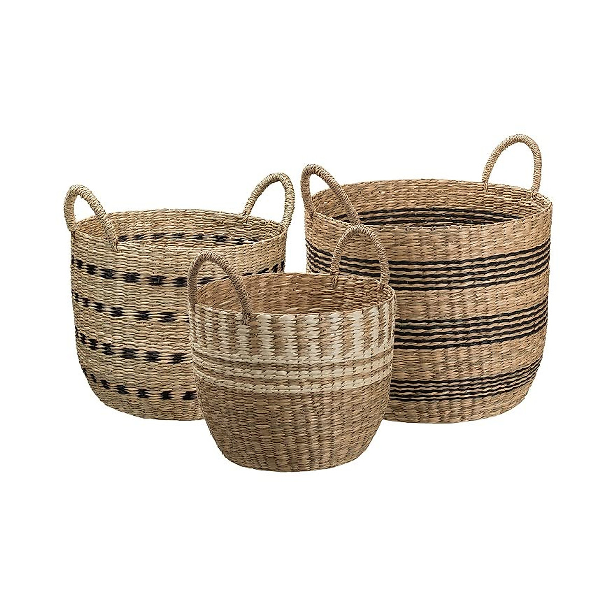 Room Copenhagen Vita 3-Piece Round Basket Set, Natural/Cream/Black