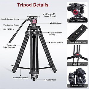 miliboo Heavy Duty Tripod for Camera,Video Tripod with Fluid Head,Aluminum Heavy Duty Tripod for Camera,Maxload 22lbs with Mid-Level Spreader(MTT601A)