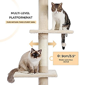 PETEPELA Cat Tower 5-Tier Floor to Ceiling Cat Tree Height(95-107 Inches) Adjustable, Tall, Climbing Tree Featuring with Scratching Post, Cozy Bed,Interactive Ball Toy for Indoor Cats/Kitten Beige