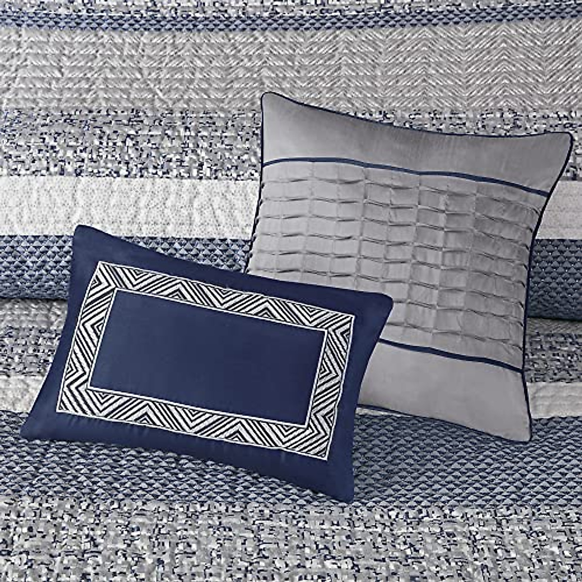 Madison Park King Quilt Set Lustrous Jacquard & Glitter Accent Coverlet Set for King Size Bed - All Season, Lightweight King Quilt Set, Shams, Decorative Pillow, King/Cal King Chevron Grey/Navy