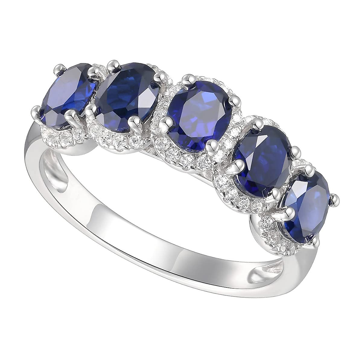 Tirafina 5-Stone Lab-Created Blue Ring with Lab-Created White Sapphires, Sterling Silver, Oval Stones (5x4 mm stone)