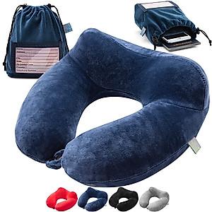 Inflatable Travel Neck Pillow: Extra-Soft, Cushion. For Airplanes, Trains, Cars, Portable Travel Accessory-With Carrying Pouch For cell phone and Passport Etc. (Blue)