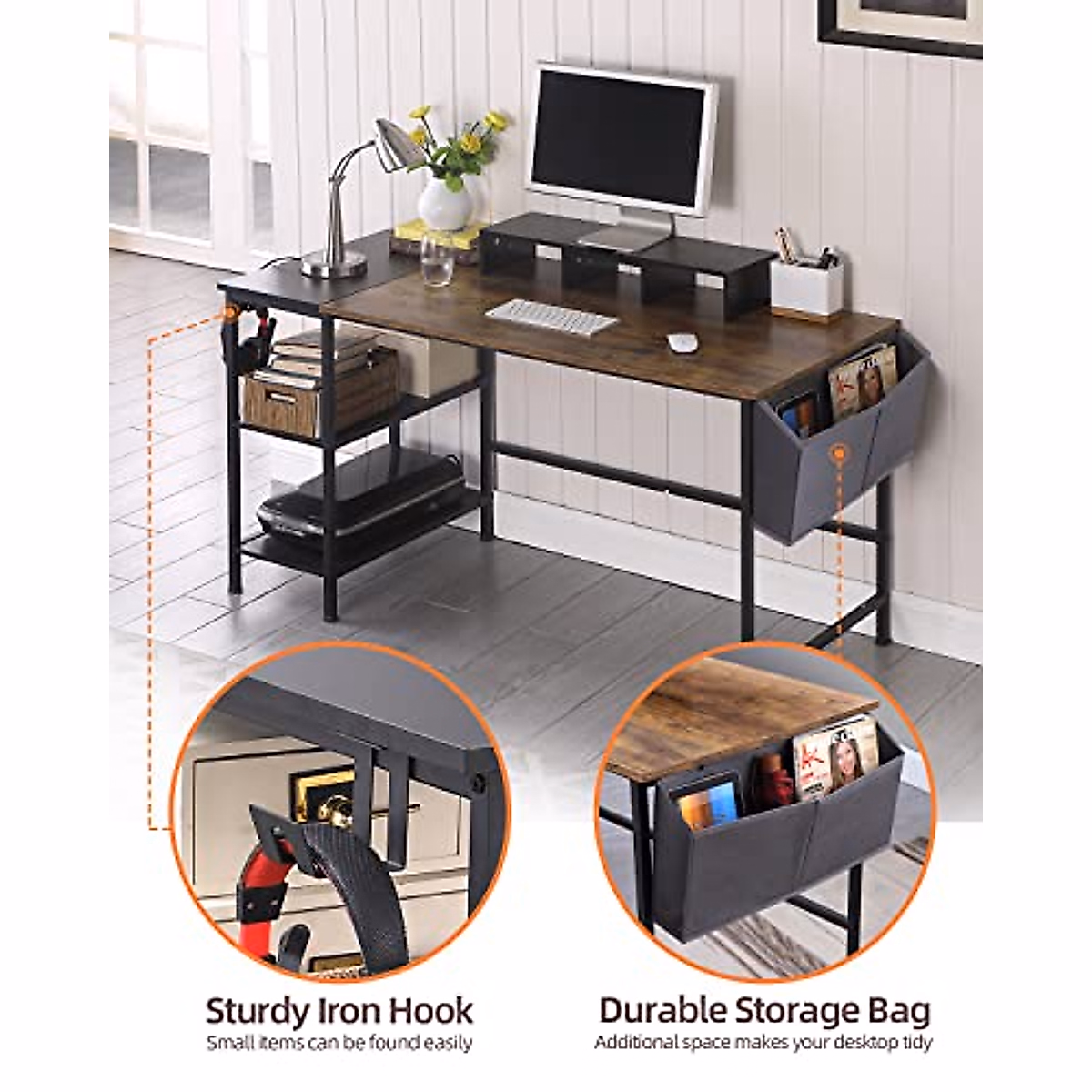 Ohuhu 55 Inch Large Computer Desk with Storage Shelves, 2-Tier Industrial Home Office Writing Study Desks with Monitor Stand Storage Bag and Hooks Laptop Work Table for Gaming Bedroom Living Room
