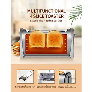 Long Slot Toaster 4 Slice, Stainless Steel Retro Toasters Best Rated Prime with 1.25" Extra Wide Slot and Defrost/Reheat/Cancel Function/6 Browning Settings/Removable Crumb Tray/Evenly Toasting, 1300W
