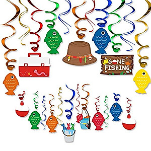 30CT Gone Fishing Party Hanging Swirl Decorations Kit Little Fisherman The Big One Birthday Baby Shower Photo Props Summer Reel Fun Ideas Ceiling Door Foil Whirls Streamers Supplies