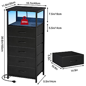 Fixwal Tall Nightstand with Charging Station and LED Lights, Night Stand with PU Finish Fabric Storage Drawers, 5 Drawer Dresser, Black
